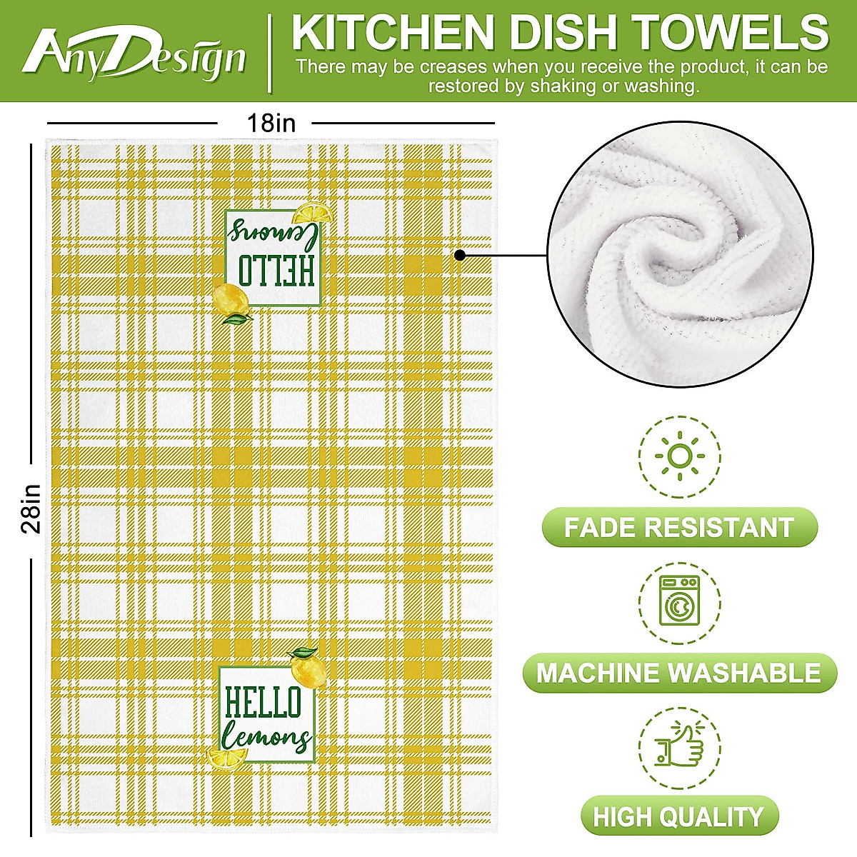 AnyDesign Lemon Kitchen Towel Watercolor Hello Lemons Dish Towel 18 x 28 Inch Spring Summer Yellow Check Plaids Hand Drying Tea Towel for Farmhouse Cooking Baking Cleaning Wipes, Set of 2