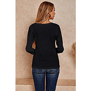 Womens V Neck Waffle Knit Shirts Long Sleeve Loose Fitting Warm Tee Tops Sweaters Pullovers Black