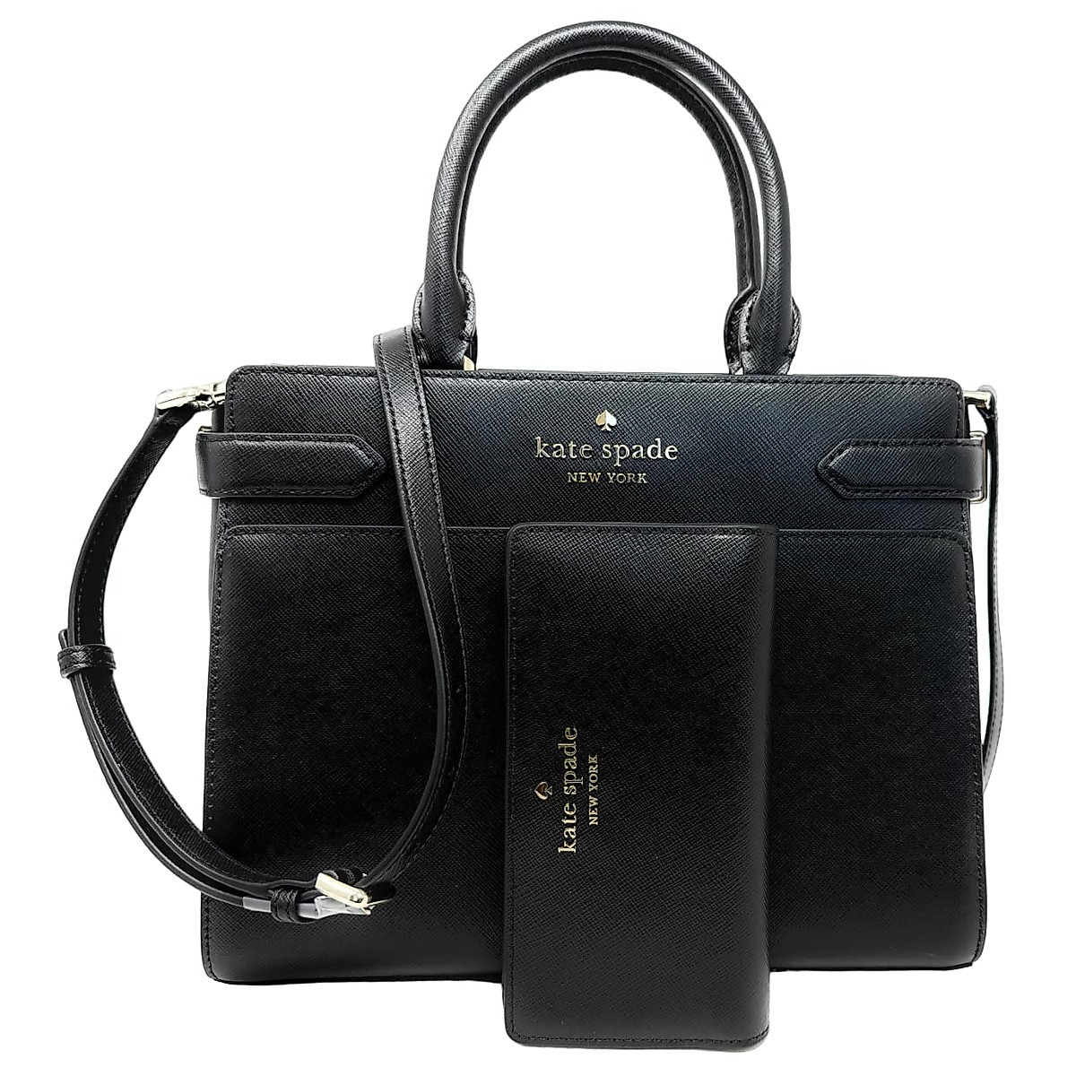 Kate Spade New York Staci Medium Saffiano Leather Satchel Purse With Matching Lg Slim Bifold Wallet (Black)