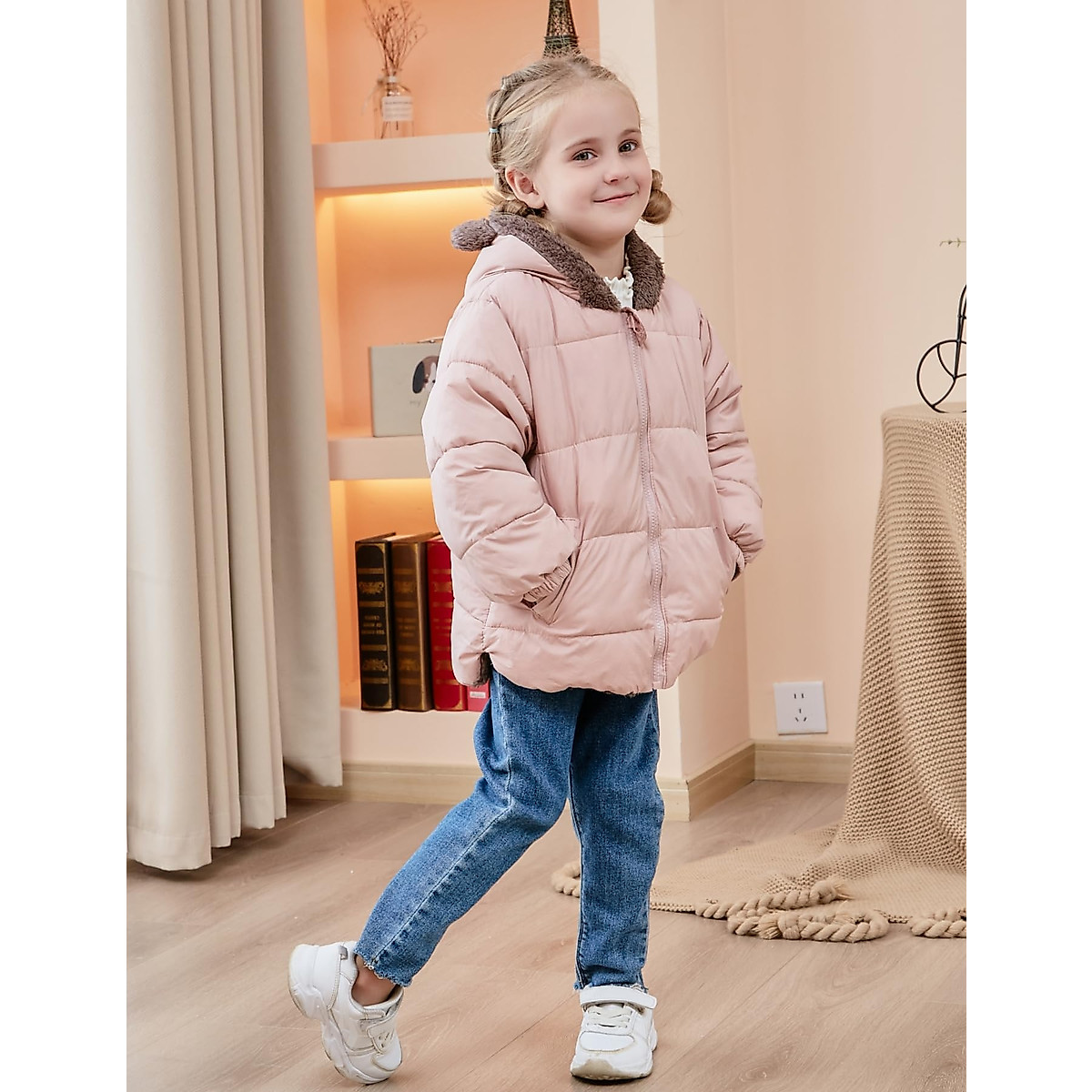 Baby Down Jacket for Girls 6-12 Months Pink Bear Ear Zipper Coat with Pocket Winter Warm Thick Hooded Clothes Outwear