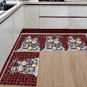 Christmas 2Pcs Kitchen Rugs, Anti Fatigue Kitchen Mat Non Slip Rug Runner Comfort Standing Floor Mats Kitchen Carpet Set for Sink, Laundry - Christmas Cartoon Snowman Red Black Plaid