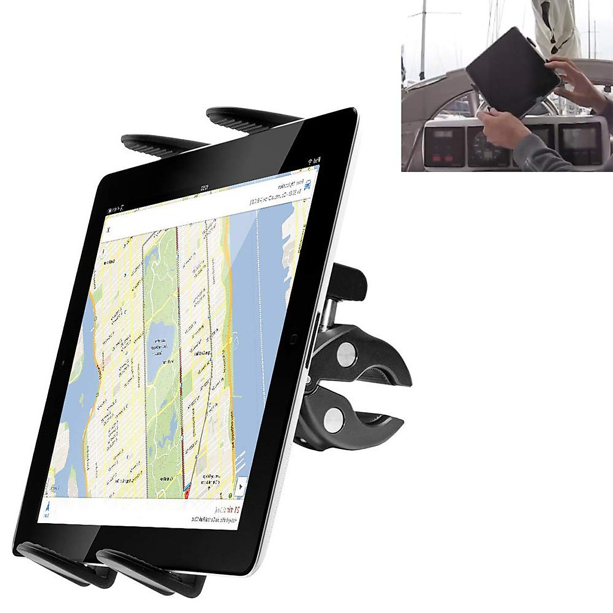 Heavy Duty Rail Pole Clamp Handle Bar Mount w/Universal iPad Pro Tablet Holder for Stationary Treadmill Elliptical Exercise Spin Bike Microphone Stand & Boat Helm