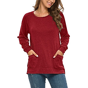 AUSELILY Womens Long Sleeve Tunic Tops Casual Loose Fit Sweatshirts Round Neck Pullover Blouse Sweatshirts with Pocket Ruby XL