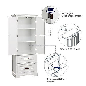 Teamson Home St. James Freestanding Adjustable Shelves 2 Drawers 5 Spaces and 2 Doors Wooden Linen Tower Storage Cabinet, White