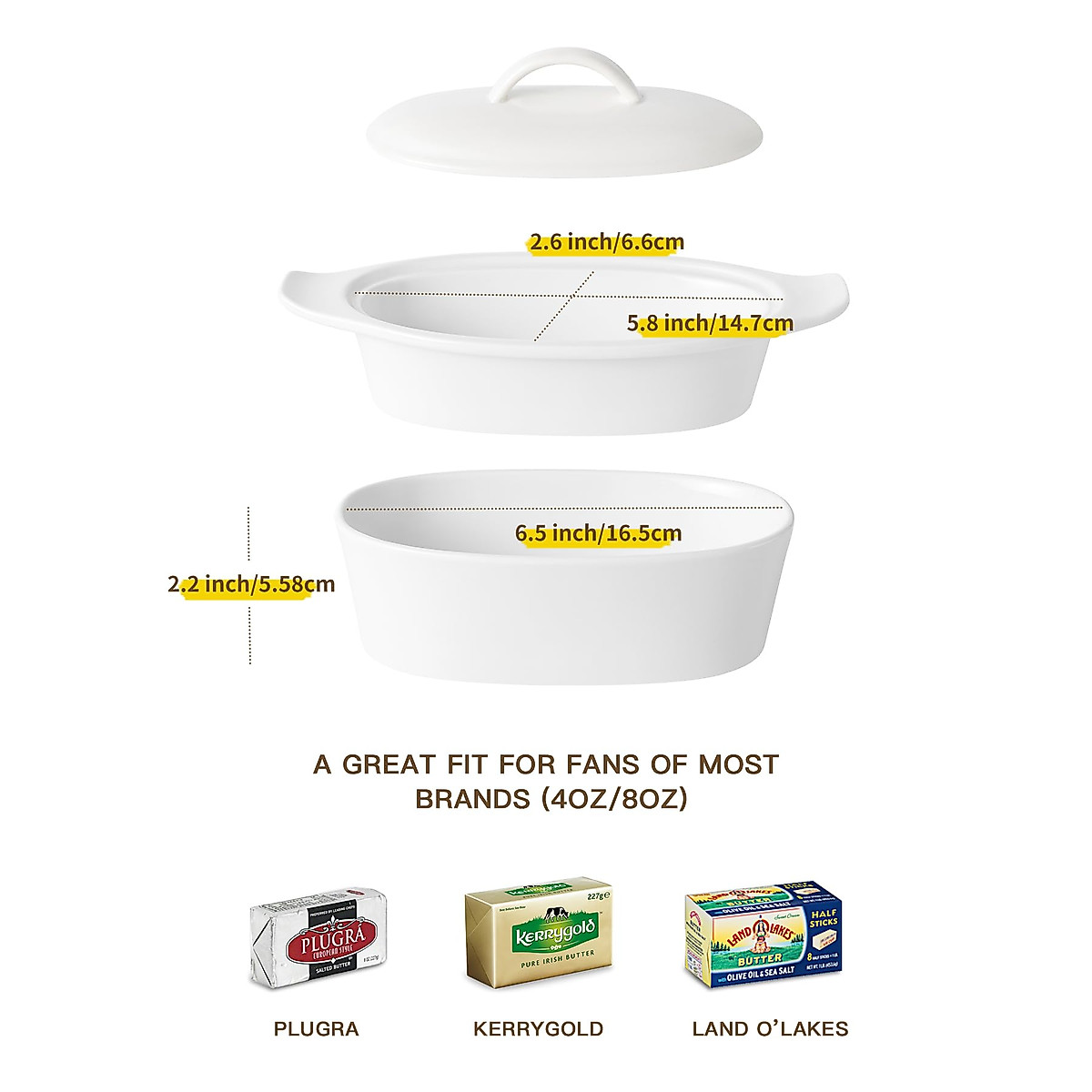 Large Butter Dish with Lid - Airtight Butter Keeper Container Holds Up to 2 Sticks of Butter - Porcelain Container with Beech Wooden Lid, White, Better Butter & Beyond