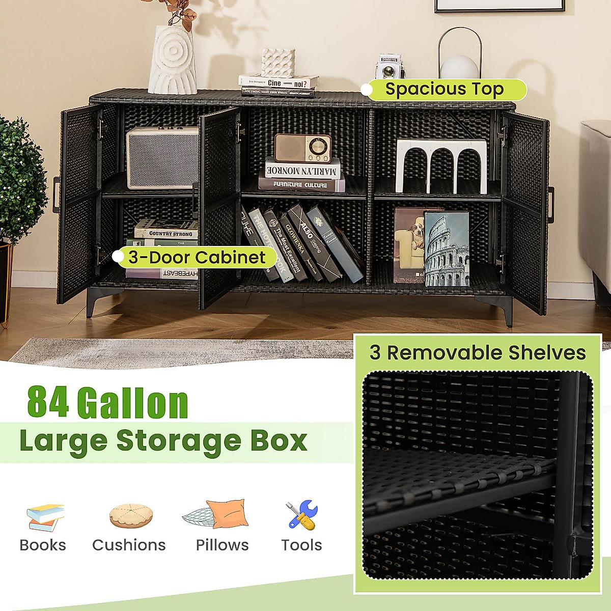 Giantex 84-Gallon Wicker Deck Box - Patio Storage Cabinet, 3-Door PE Rattan Storage Container with Removable Shelves, Indoor & Outdoor Package Box for Porch, Patio Furniture Cushions Tools (Black)