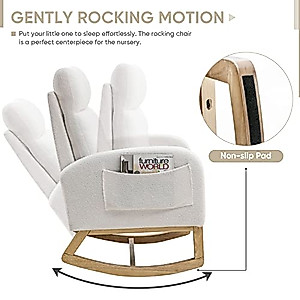 Nursery Rocking Glider Chair, Modern Teddy Fabric Tall Back Accent Rocker Chair Upholstered Arm Chair w/Side Pockets, Modern Leisure Single Sofa for Living Room, Hotel, Bedroom, Office, White