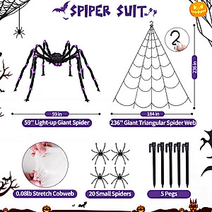 Spider Webs Halloween Decorations, 59'' Light-up Giant Spider + 236'' Giant Triangular Spider Web + 0.08lb Stretch Cobwebs for Indoor and Outdoor Patio Party Haunted House Decoration(Black Plush)