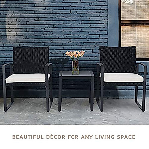 Crownland Outdoor Patio Furniture 3 Piece Bistro Set Chairs Wicker Rattan Conversation Furniture and Thickened Cushions,Glass Coffee Table for Backyard Porch Poolside Lawn(Beige)