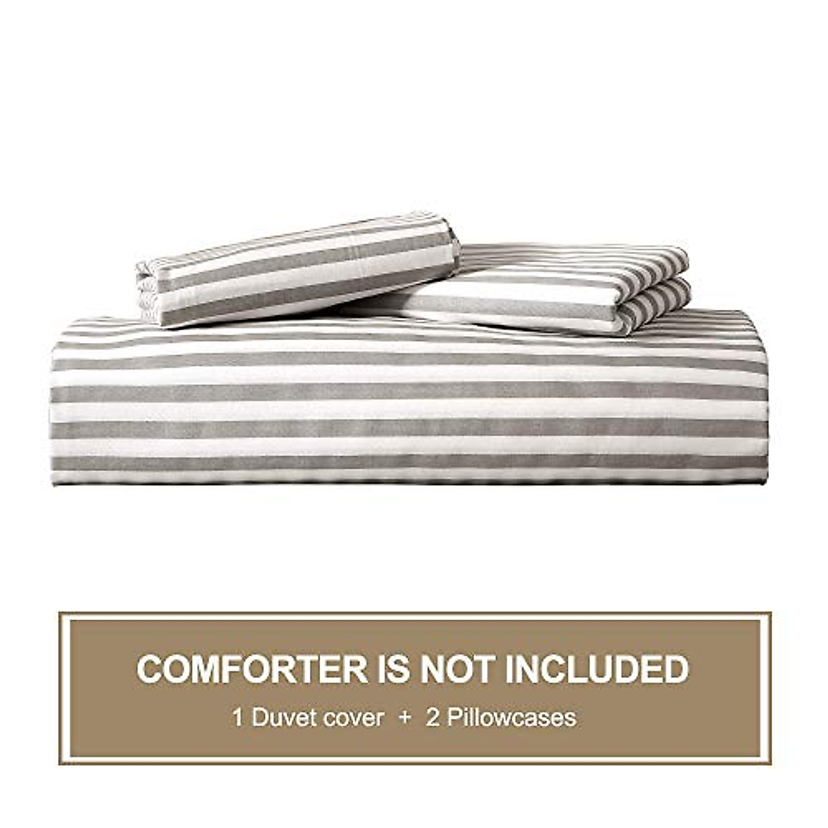 JELLYMONI 100% Natural Cotton 2pcs Striped Duvet Cover Sets,White with Grey Stripes Pattern Printed Comforter with Zipper Closure & Corner Ties(Twin Size)