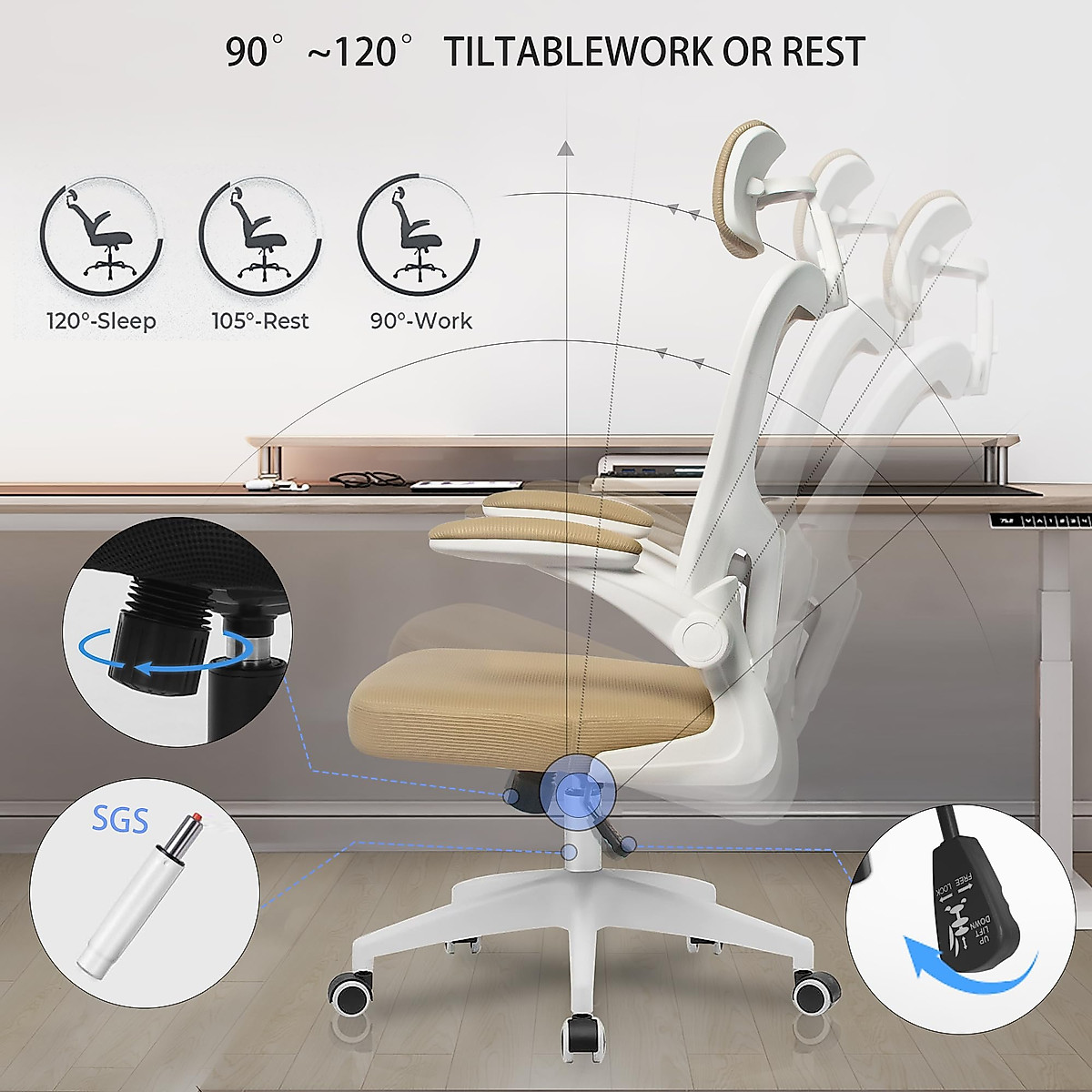 SenceHome Office Chairs, Ergonomic Office Chair, High Back Desk Chair with Adjustable Headrests, Lumbar Support and Flip-up Armrests, Breathable Mesh Computer Chair for Home Office (Khaki)