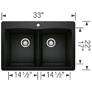 BLANCO Diamond Silgranit 50/50 Double Bowl Undermount or Drop-In Kitchen Sink, 33x22x9.5, Coal Black