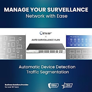 D-Link 28-Port Gigabit Smart Managed PoE+ Switch |24 PoE+ Ports (193W) + 4 SFP Combo Ports |L2+ | VLANs | Web Managed | Surveillance Mode | Rackmount | NDAA Compliant |Lifetime Warranty (DGS-1210-28P)