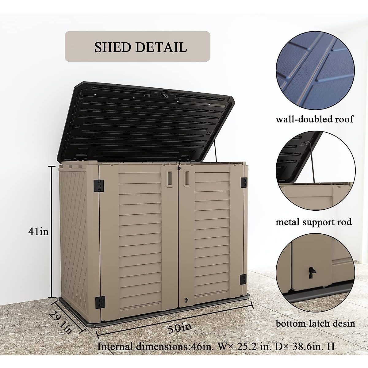 KINYING Outdoor Storage Shed - Horizontal Storage Box Waterproof for Garden, Patios, Backyards, Multi-Opening Door for Easy Storage of Garbage Cans, Tools, Lawn Mower, 26 Cubic Feet,Brown