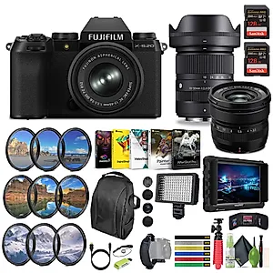 FUJIFILM X-S20 Mirrorless Camera with 15-45mm + FUJIFILM XF 8mm f/3.5 R WR Lens + Sigma 18-50mm f/2.8 DC DN Contemporary Lens + 2X 128GB Memory Card, LED Video Light + 7inch 4K Monitor (20pc Bundle)