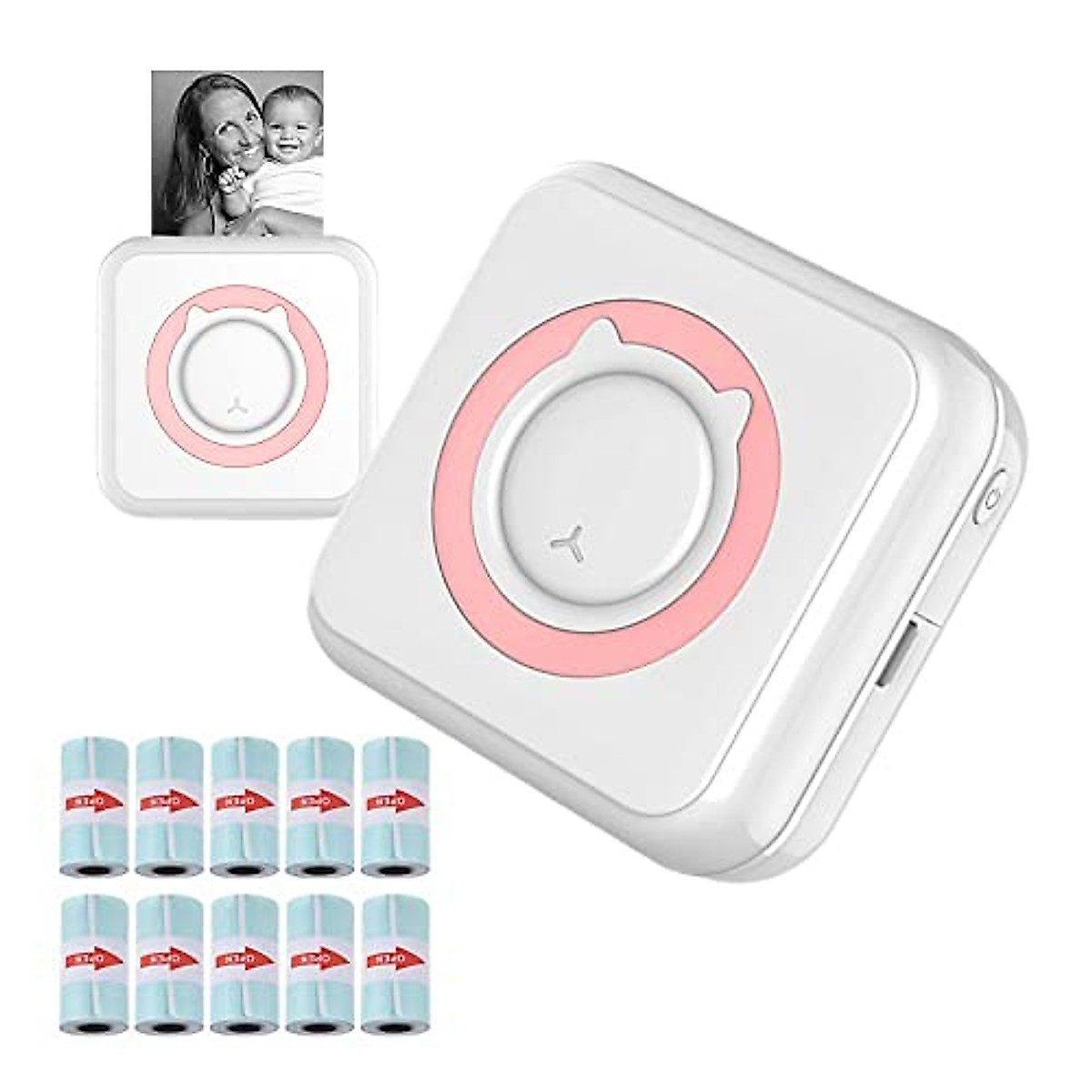 Instant Portable Sticker Printer, Mini Pocket Sticker Printer Bluetooth Inkless Thermal Printer, Sticker Maker USB Rechargeable Small Printer for Pictures, Label, Memo (Pink, +10 Rolls Stickers)