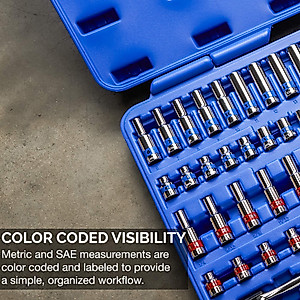 Neiko 02472A 3/8-Inch-Drive Colored Mechanics Tool Ratchet, Socket Set, 76-Piece Standard and Deep SAE Sizes 1/4" to 1" Metric Sizes 6 mm to 24 mm Made with CrV Steel for Auto Repair