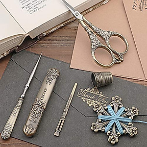 Embroidery Scissors Kits, Stainless Steel Safety Scissors, Threader with Needle Bottle, Metal Floss Bobbin, Awl, Thimble for Sewing,Cutting,Art Work,Embroidery,Needlework (Green patina)