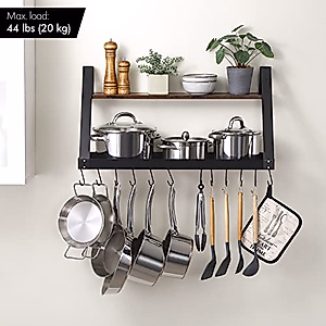KES Hanging Pot Rack Wall Mounted for Kitchen with Wooden Shelf 30-Inch Pan Rack Pot and Pan Organizer with 12 Hooks Matte Black, KUR503S75-BK