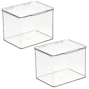 mDesign Small Plastic Home Office Storage Organizer Box Containers w/Hinged Lid for Desktops - Holds Pens, Pencils, Sticky Notes, Highlighters, Staples, Supplies - Lumiere Collection - 2 Pack - Clear