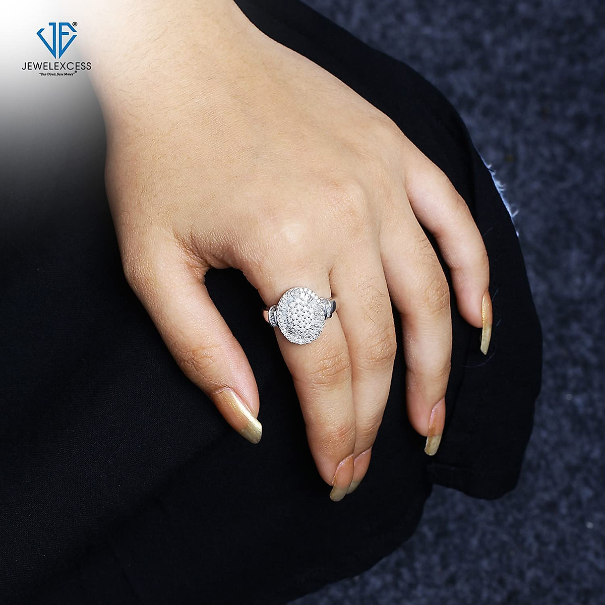 JEWELEXCESS White Diamond 1 Carat Ring with Sterling Silver for Women & Girls | Oval Halo Promise Ring with Round & Baguette Cut Diamonds