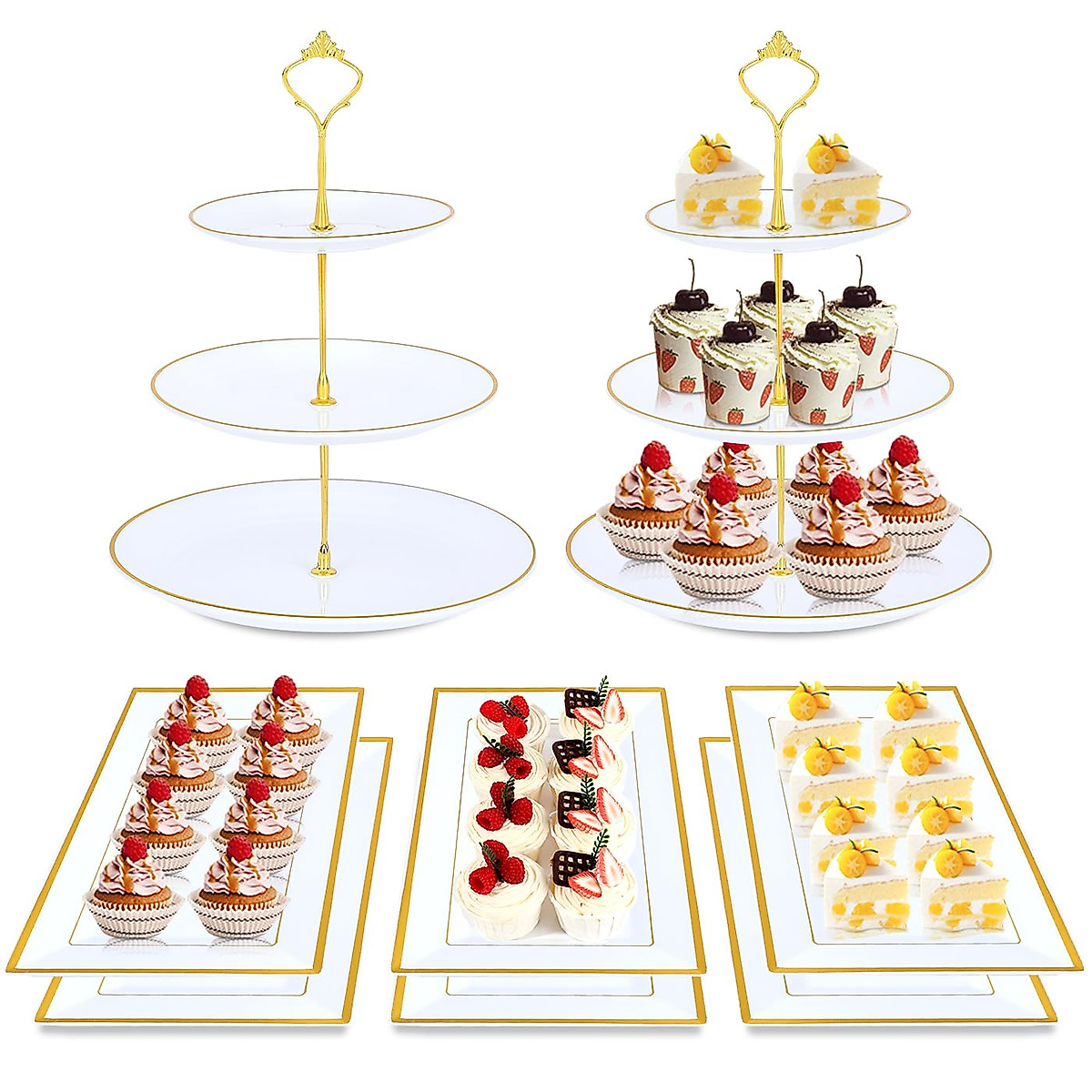 8PCS Cake Stand Set, Plastic Cupcake Stands with Gold Rim, 2PCS 3-Tired Cupcake Stands with 6PCS Serving Trays, Dessert Display Stands Set for Wedding Birthday Party Baby Shower,Tea Party Decorations