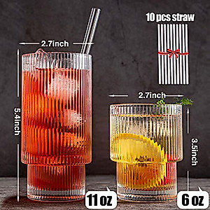 Claplante Drinking Glasses, Origami Style 8 pcs Glass Cups with straw, 4 Highball Glasses & 4 Rocks Glasses, Elegant Ripple Vintage Glassware, Iced Coffee Glasses, Ideal for Cocktail, Whiskey, Juice