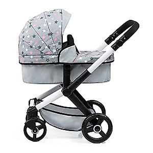 Bayer Design Dolls: Pram Xeo - Grey, Pink, Stars - Includes Shoulder Bag, Fits Dolls Up to 18', Convertible to A Pushchair, Adjustable Handle & Swivel Front Wheels, Accessory for -Plush Toys, Ages 3+