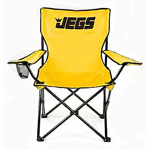 JEGS Folding Chair | Yellow Canvas with Black Logo | Black Powder Coated Frame | Capacity 250 LBS | Total Height 36” | Includes Mesh Cup Holder and Storage Bag with Strap