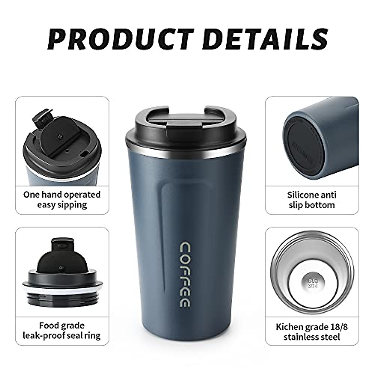 MUCR Vacuum Travel Mug 18oz, Double Wall Stainless Steel Insulated Coffee Cups with Snap Lid, Vacuum Cup for Coffee,Tea and Soda, Blue