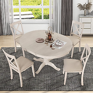 Melpomene 5-Piece Modern Dining Table Set, Extendable Dining Table Set for 4, Wood Round Dining Table Set with 4 Chairs,Antique White