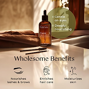 Gya Labs Organic Cosmetics Castor Oil for Eyelashes and Eyebrows - 100% Natural Cold Pressed Castor Oil for Hair, Eyelash & Eyebrow - Unrefined Carrier Oil for Skin (1.7 fl oz + Eyelash Kit)