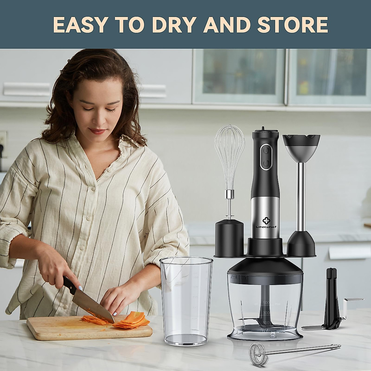 LINKChef 7 in 1 Immersion Blender Scratch Resistant, 2 Titanium Steel Blades 800W Hand Blender, 20 Speed and Turbo Mode Stick Blender Immersion with Whisk, Milk Frother, Food Processor, Beaker