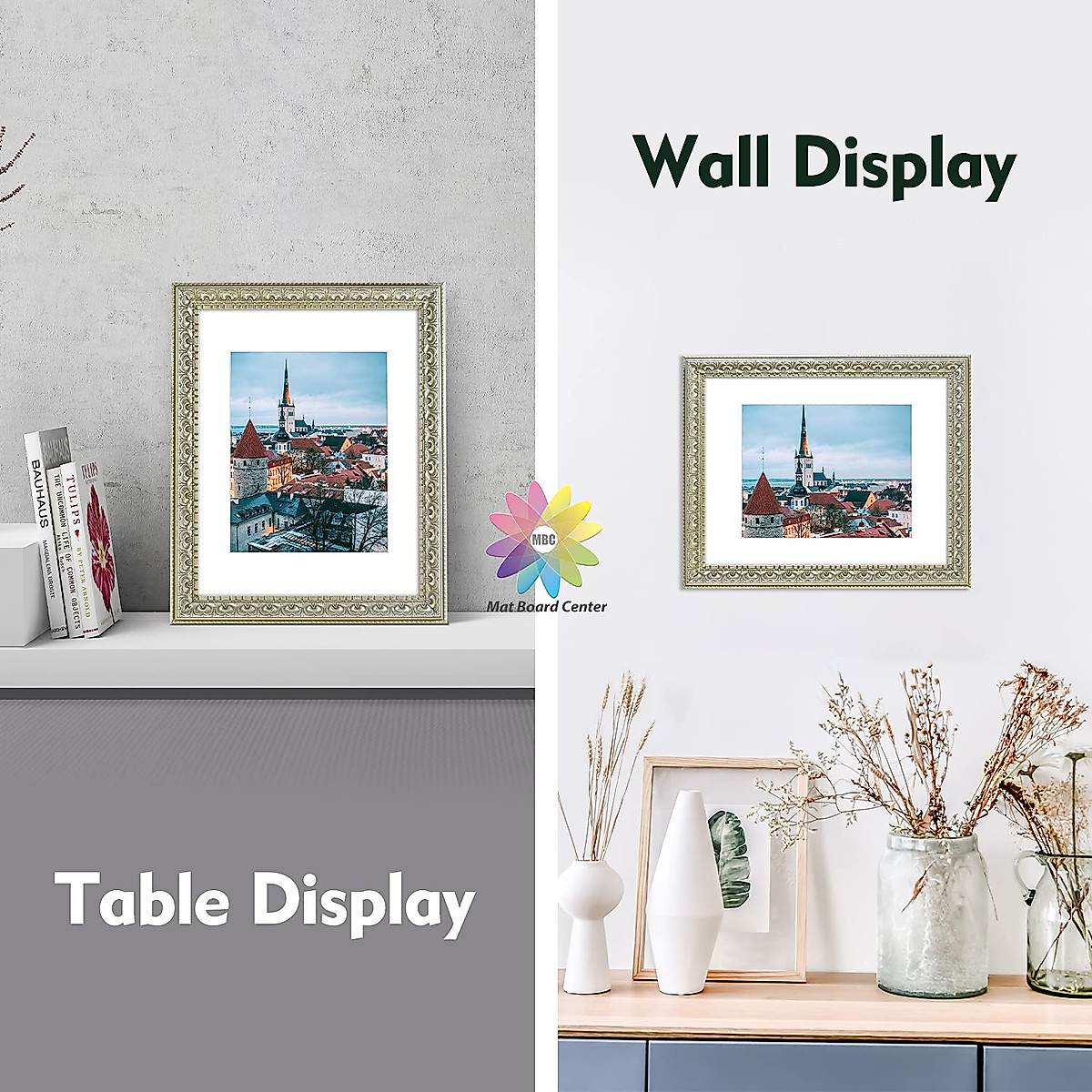 MBC MAT BOARD CENTER, 11x14 Ornate Picture Frame, Silver Beige Color, Matted to 8x10 - White Mat - Tempered Glass