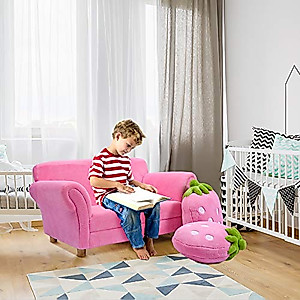 Fireflowery Kids Sofa, Children Upholstered Loveseat Lounge Bed w/ 2 Cute Strawberry Pillows, Children Couch Armrest, Double Seat Kid Sofa for Playroom Bedroom Living Room Baby Room, Pink