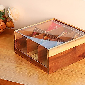 Acacia Wood Tea Bag Organizer Storage, Gift Box 6 Compartments Tea Chest Box with Acrylic Transparent Hinged Lid By HTB