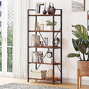 BON AUGURE Industrial Bookshelf, Etagere Bookcases and Book Shelves 5 Tier, Rustic Wood and Metal Shelving Unit (Rustic Oak)