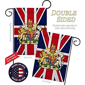 Queen Elizabeth II Flag Coat of Arms United Kingdom Garden Flag - Set Wood Dowel Sweet Life Sympathy Remembrance Bereavement Emotion Postive - House Banner Small Yard Gift Double-Sided 13 X 18.5