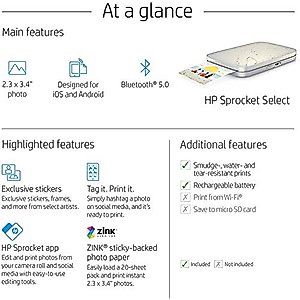 HP Sprocket Select Portable 2.3x3.4" Instant Photo Printer (Eclipse) Print Pictures on Zink Sticky-Backed Paper from your iOS & Android Device.