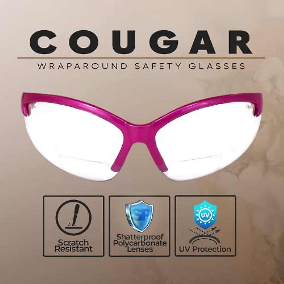 Global Vision Eyewear Cougar Bifocal Women's Safety Glasses Dark Pink Nylon Frame Clear Lenses (Pink 1.50)