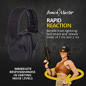 BenchMaster Rifleman TAC Ear Muffs, Shooting Electronic Ear Protection, 25 dB, Noise Reducing, Noise Canceling Headphone, 2 Millisecond Reaction Time, Audio Input, Safety Ear Muffs