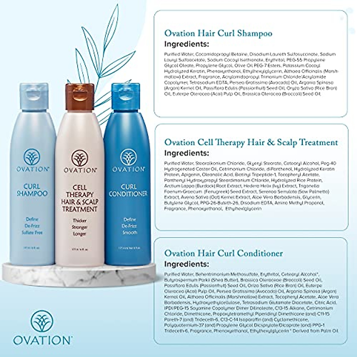 Ovation Hair Curl Cell Therapy 6 oz System - Curl Shampoo and Conditioner, Cell Therapy Hair & Scalp Treatment - Hair Treatment Set for For Shinier, Softer, More Defined Waves or Curls