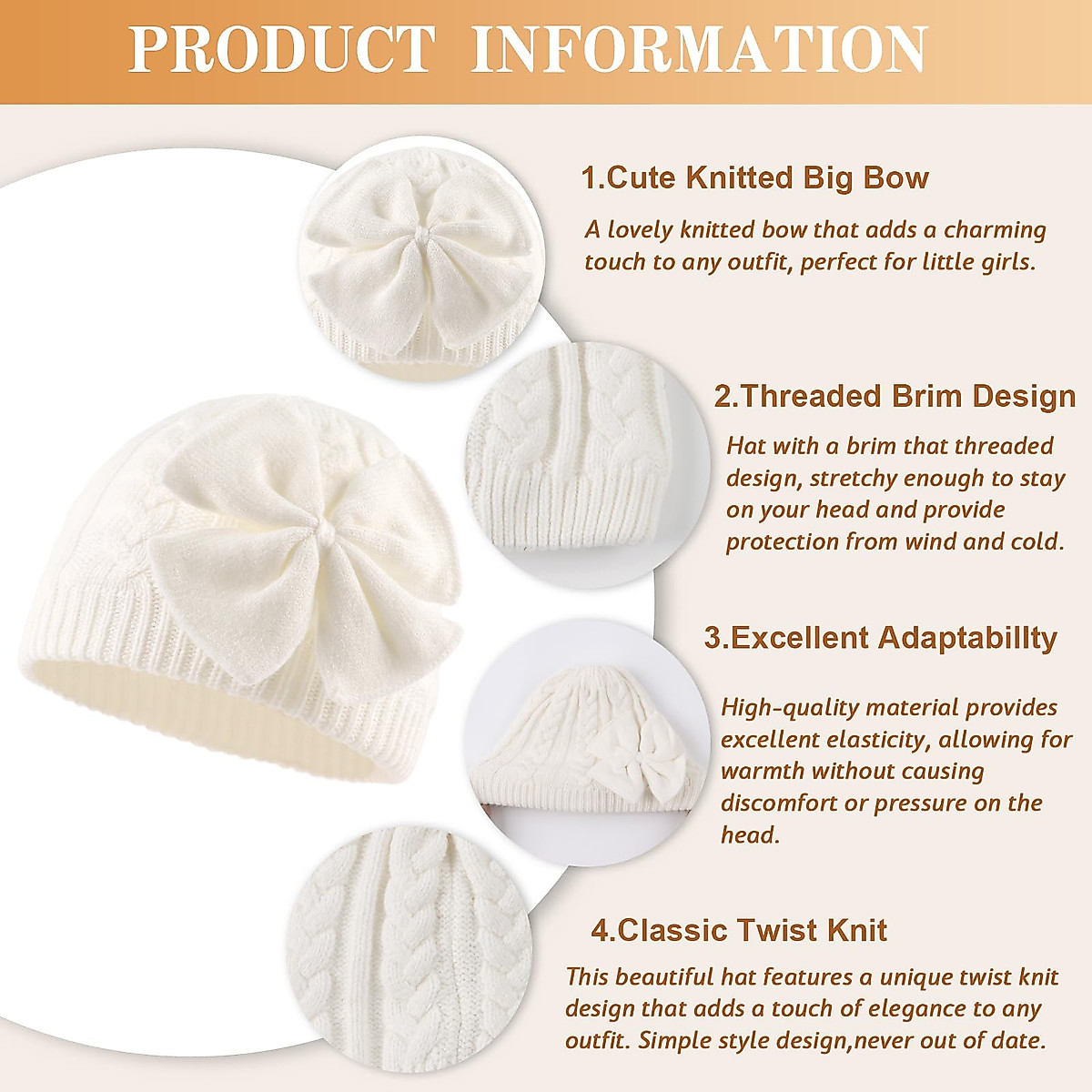 Winter Warm Knitted Baby Hat for Girls Cotton Lined Infant Toddler Girls Hat Autumn Cute Bow Classic Girls Beanie 0-6Y(M,White)