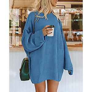 BTFBM 2025 Womens Sweaters Casual Crewneck Long Sleeve Oversized Sweater Dress Fall Winter Loose Slouchy Soft Pullover(Solid Blue, Large)