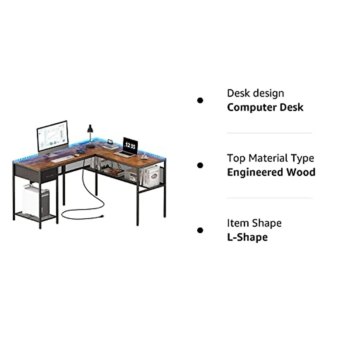 SUPERJARE L Shaped Desk with Power Outlets & LED Lights, Computer Desk with Storage Shelves & Fabric Drawer, Reversible Corner Desk with Bookshelf, Home Office Desk, Rustic Brown