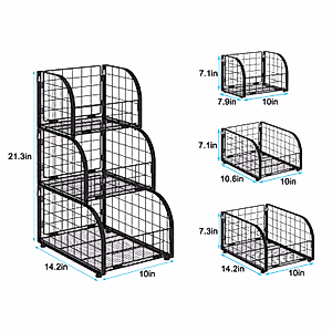 JKsmart XL 3 Tier Fruit and Vegetable Basket Stackable Countertop Organizer for Potato Onion Storage Wall-mounted Kitchen Wire Storage Baskets Stand Bins for Pantry Cabinet For Snack Produce,Black