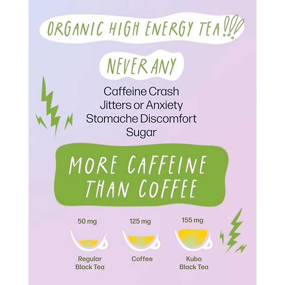 Kubo Tea, Organic High Energy Ice Tea, High Caffeine Blend, 20 Servings (155mg Caffeine each), Pillow Tea Bags, Kraft Packaging, Healthy Coffee Substitute (Half & Half Lemonade)