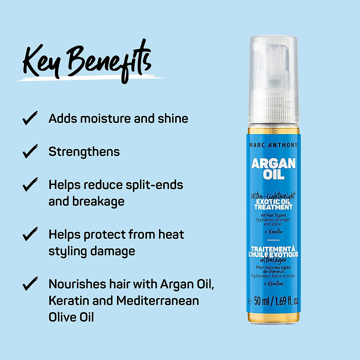Marc Anthony Exotic Argan Oil Treatment with Keratin - Ultra-Lightweight Hair Oil Treatment Hydrates & Strengthens for Shiny, Healthy-Looking Hair for All Hair Types - Sulfate & Paraben Free