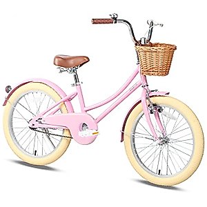 Glerc Little Molly 20 inch Kids Retro Cruiser Bike Bicycle for Girls Ages 7 8 9 10 11 12 13 Year Old with Wicker Basket & Lightweight & Kickstands & Bell for Birthday Gift Pink