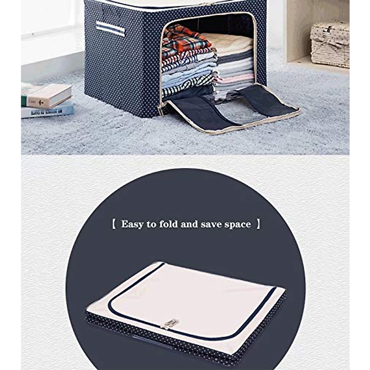 WWWUUU Storage Boxes , Oxford Cloth Steel Frame Storage Box Bag, Easy to Fold with Sturdy Zipper,Storage for Clothes,Bed ,Blankets,Bedding,Pillow (Navy Blue, 15.4x11.4x7.9 IN (22L))
